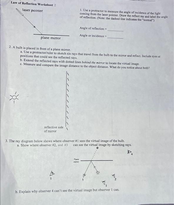 Solved Law of Reflection Worksheet 2 laser pointer 1. Use a | Chegg.com