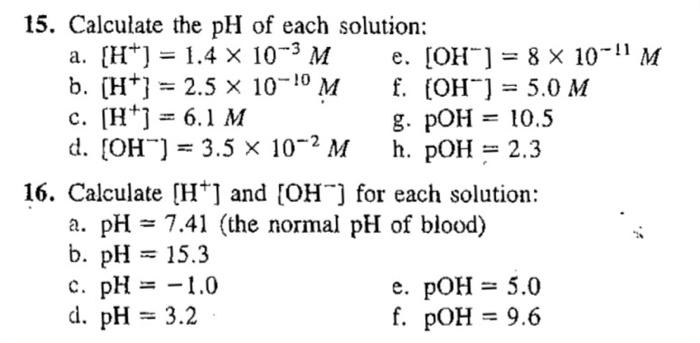 Solved 15. Calculate the pH of each solution: a. (H+) = 1.4 | Chegg.com