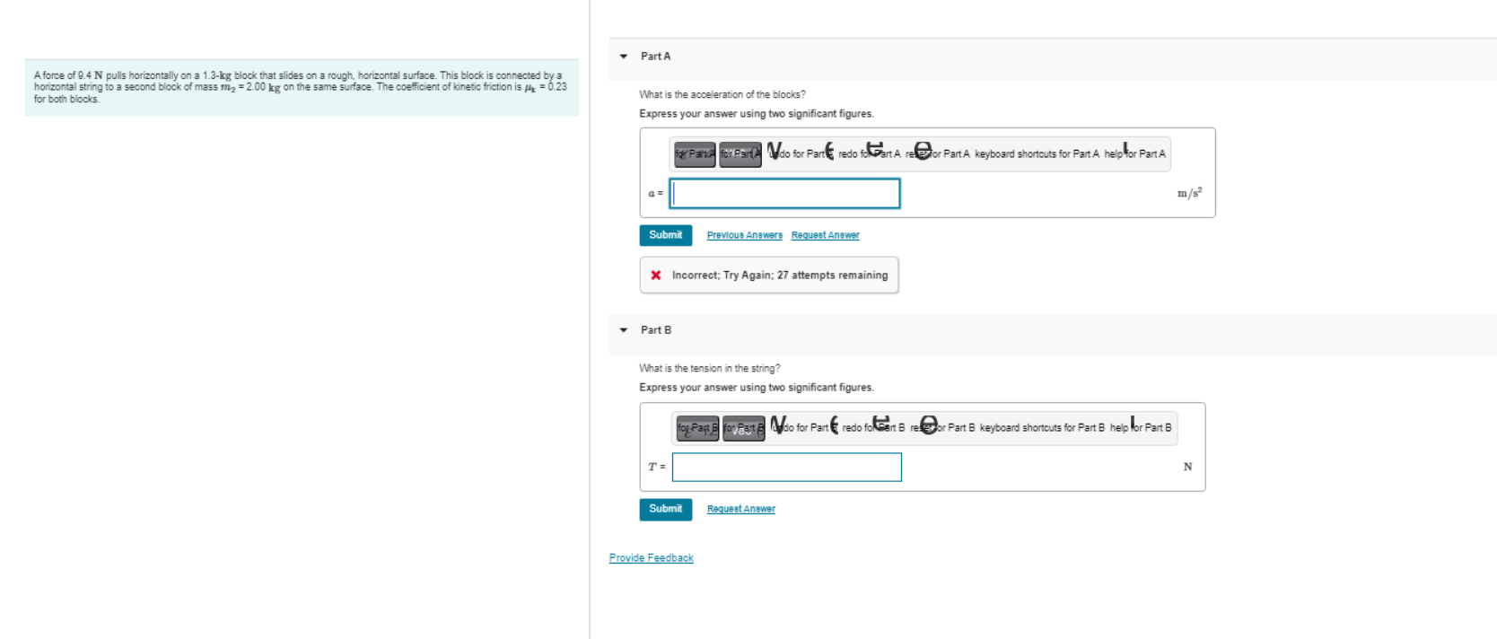 Solved A force of 9.4N ﻿pulls horizontally on a 1.3-kg block | Chegg.com