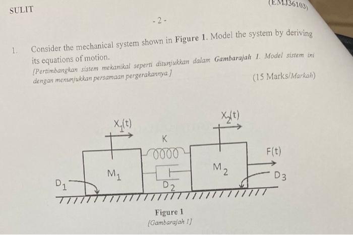 Solved 1. Consider the mechanical system shown in Figure 1. | Chegg.com