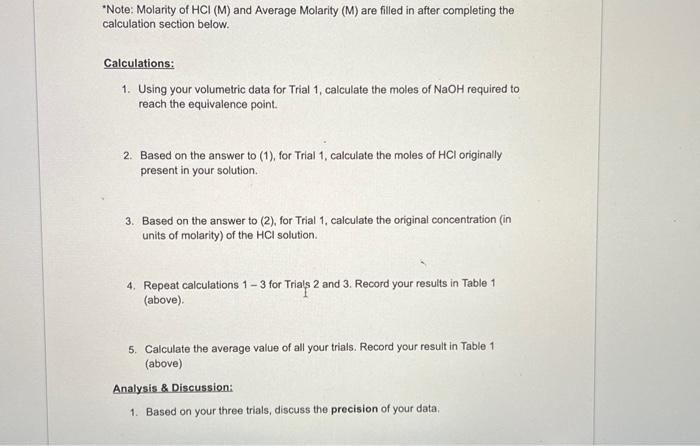 "Note: Molarity of HCl(M) and Average Molarity (M) | Chegg.com