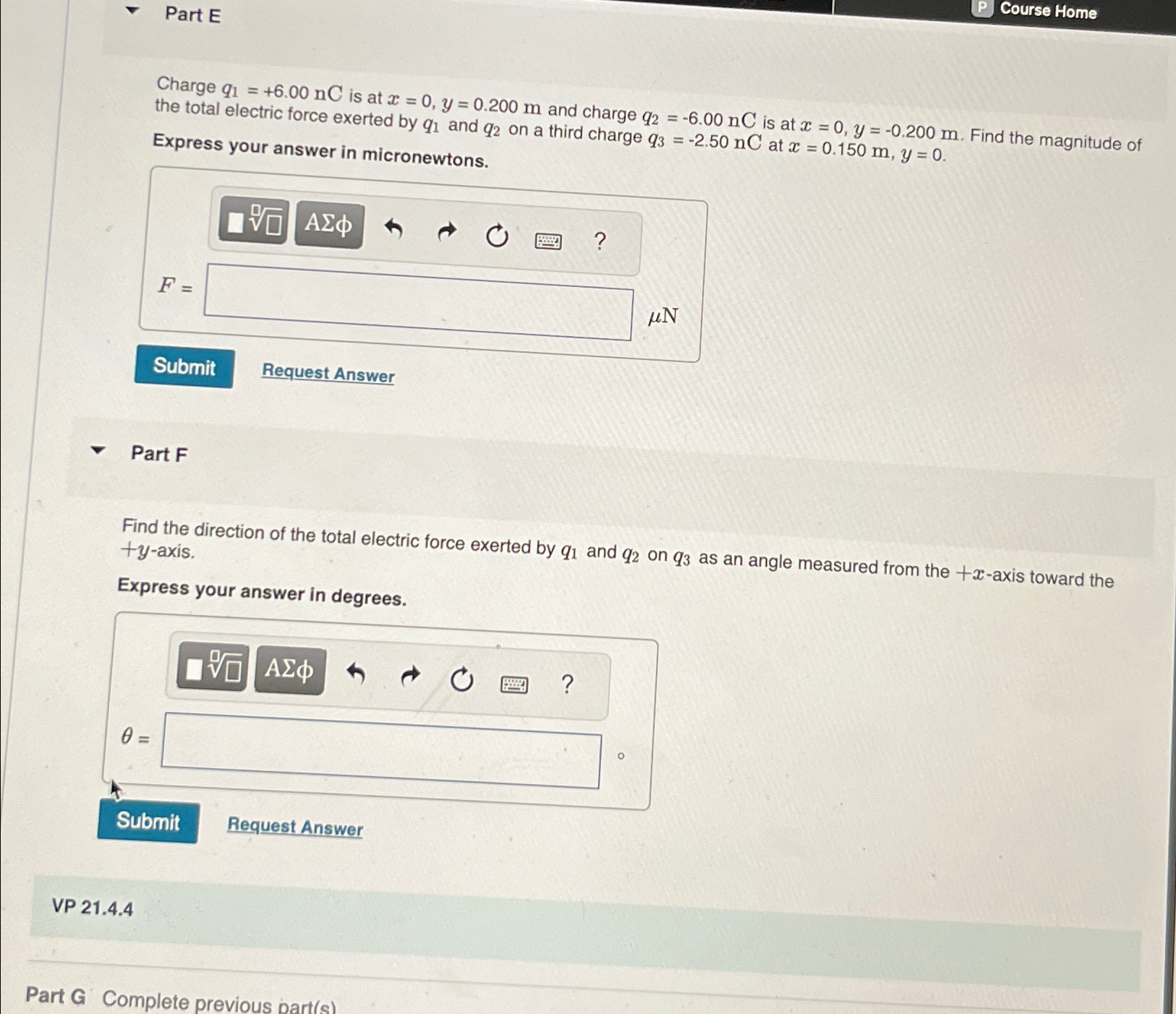 Solved Part E\\nCourse Home\\nCharge q_(1)=+6.00nC is at | Chegg.com