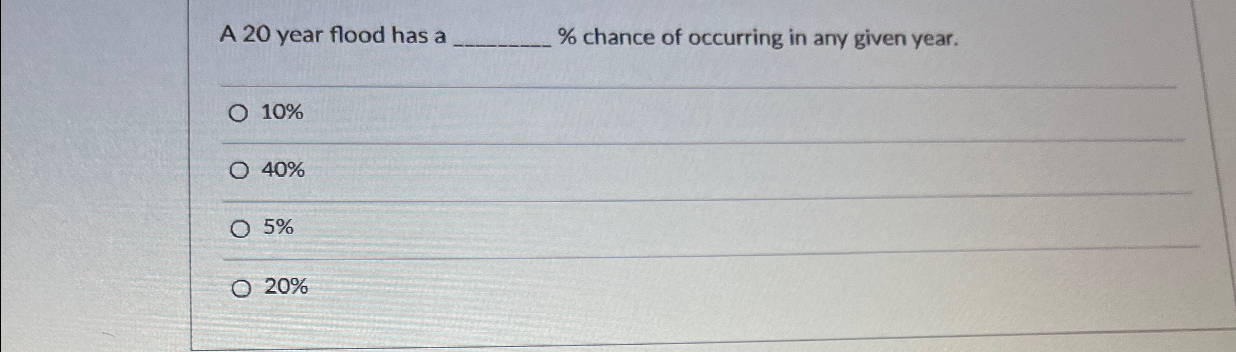 Solved A 20 ﻿year flood has a % ﻿chance of occurring in | Chegg.com