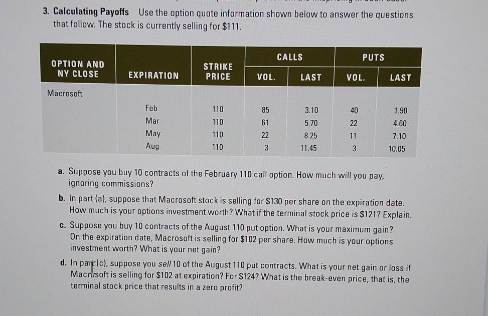 Solved 3. Calculating Payoffs Use the option quote | Chegg.com