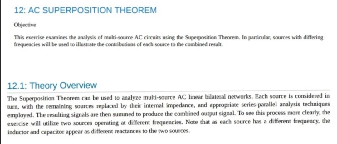 12: AC SUPERPOSITION THEOREM Objective This exercise | Chegg.com