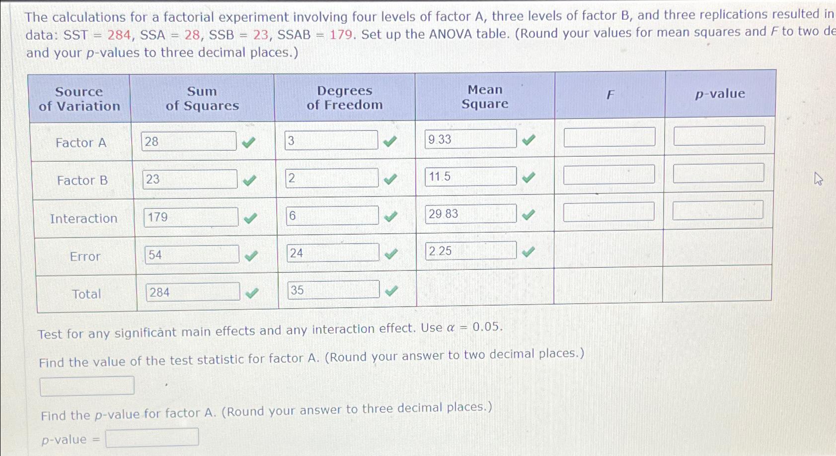 Solved The calculations for a factorial experiment involving | Chegg.com