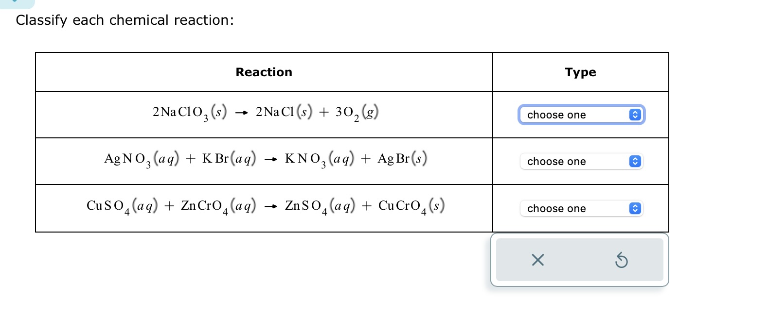 Solved Classify each chemical reaction: | Chegg.com