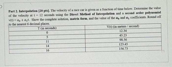 Solved Part 2. Interpolation [20pts]. The velocity of a race | Chegg.com