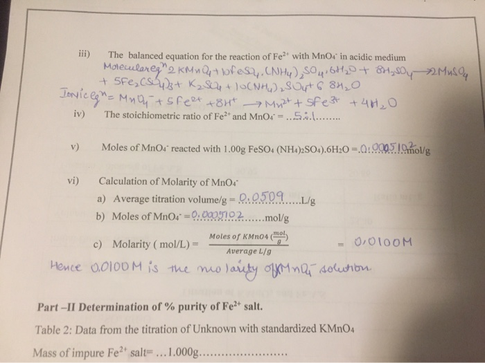 Part-II Determination of purity of Fe + salt. Table | Chegg.com
