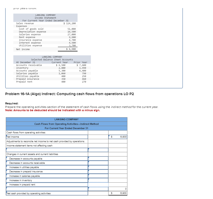 Solved Problem 16-1A (Algo) ﻿Indlrect: Computing cash flows | Chegg.com