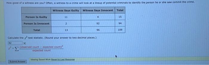 Solved Calculate the x2 test statistic, (Round your answer | Chegg.com