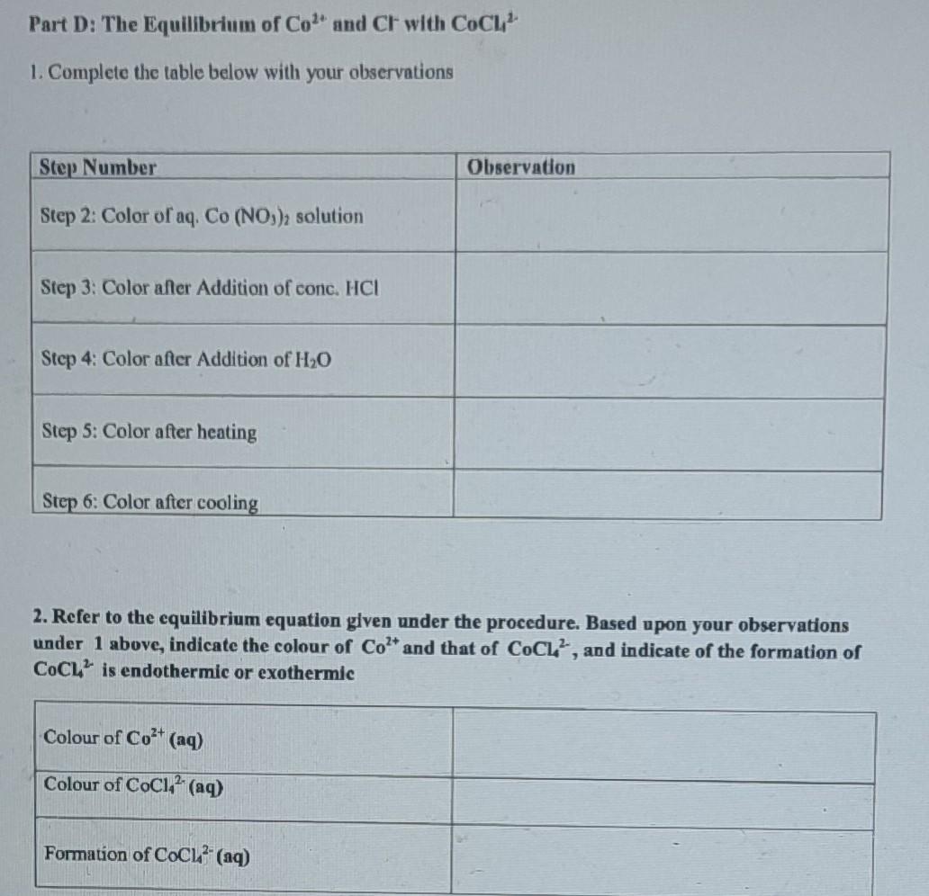 Solved Part D: The Equilibrium of Co2t and Cr with CoCl42 1. | Chegg.com