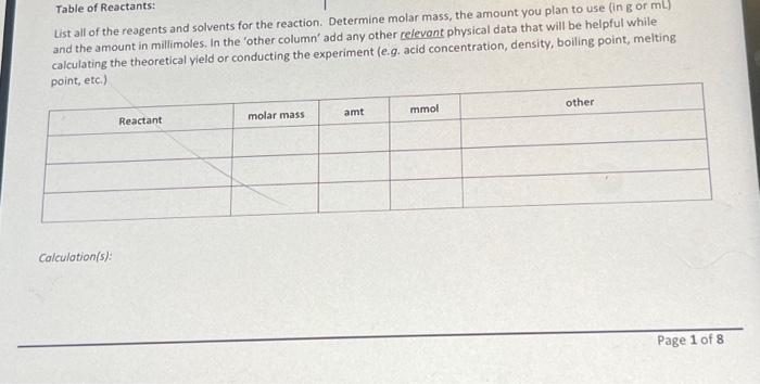 Solved Table of Reactants: List all of the reagents and | Chegg.com