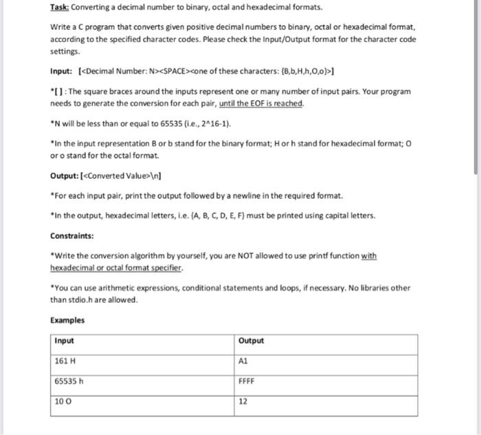 Solved Task: Converting a decimal number to binary, octal | Chegg.com