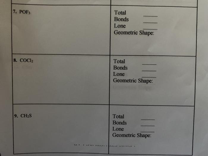 Solved 7. POF3 Total Bonds Lone Geometric Shape: 8. COC12 | Chegg.com