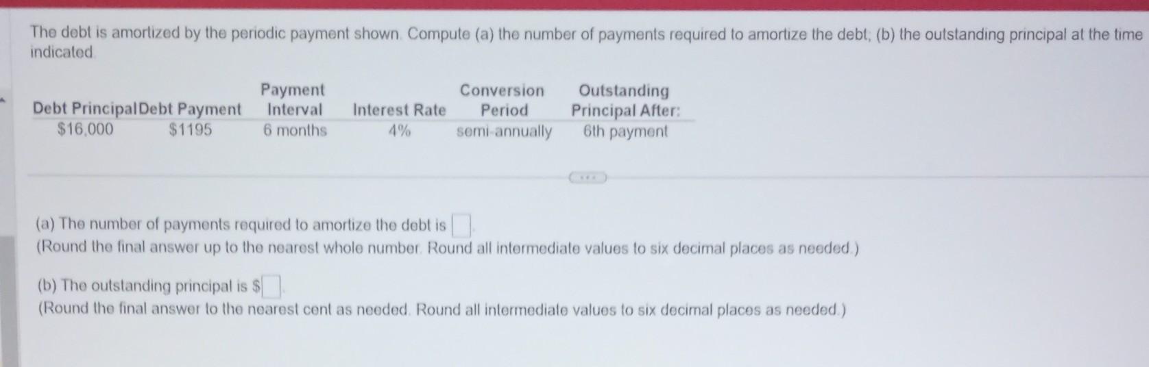Solved The debt is amortized by the periodic payment shown. | Chegg.com