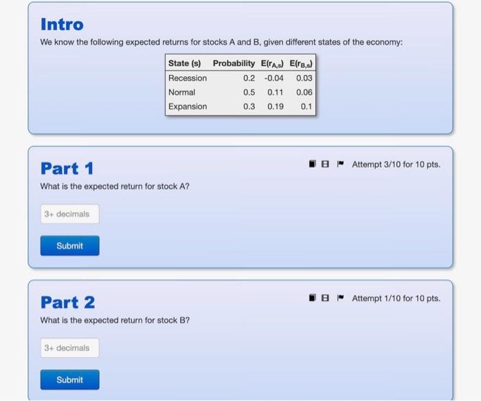 Solved Intro We know the following expected returns for | Chegg.com