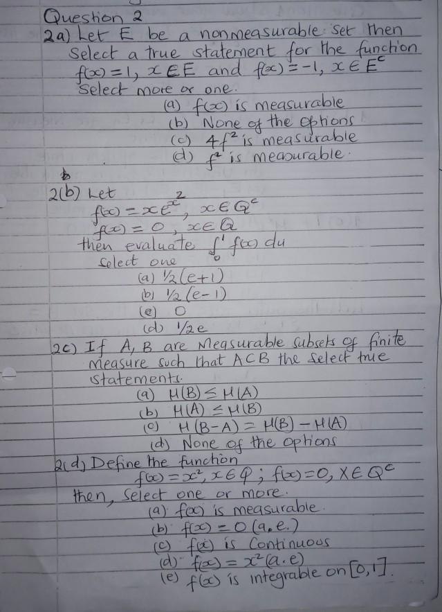 Solved Question 2 2a) Let E be a nonmeasurable set then | Chegg.com