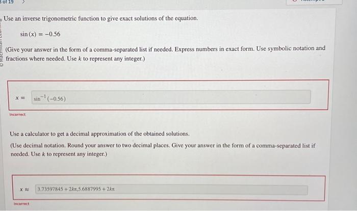 Solved Use an inverse trigonometric function to give exact | Chegg.com
