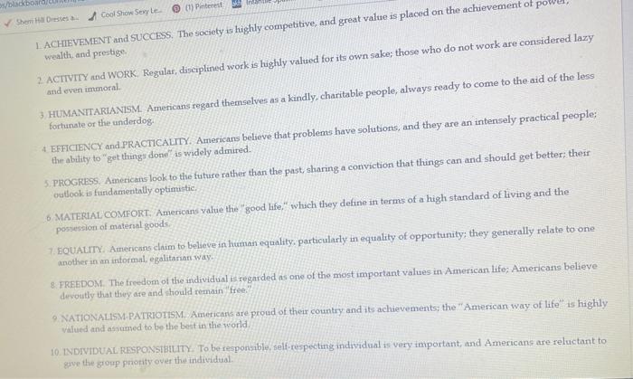 Read the list of American values (handout) posted in | Chegg.com