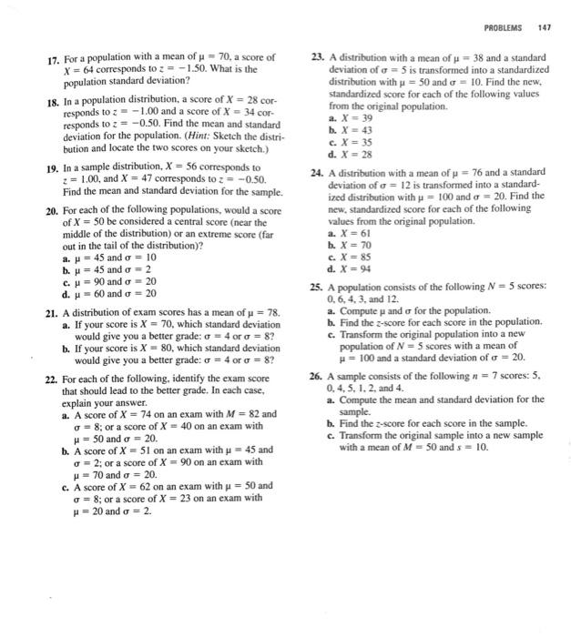 Solved 17. For a population with a mean of μ=70, a score of | Chegg.com