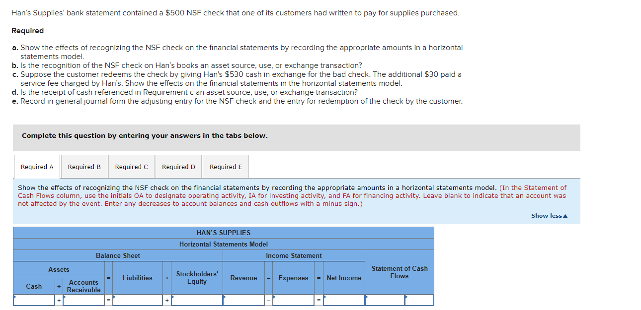 Solved Han's Supplies' bank statement contained a $500 ﻿NSF | Chegg.com
