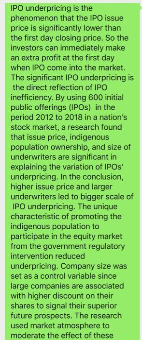 IPO underpricing is the phenomenon that the IPO issue | Chegg.com