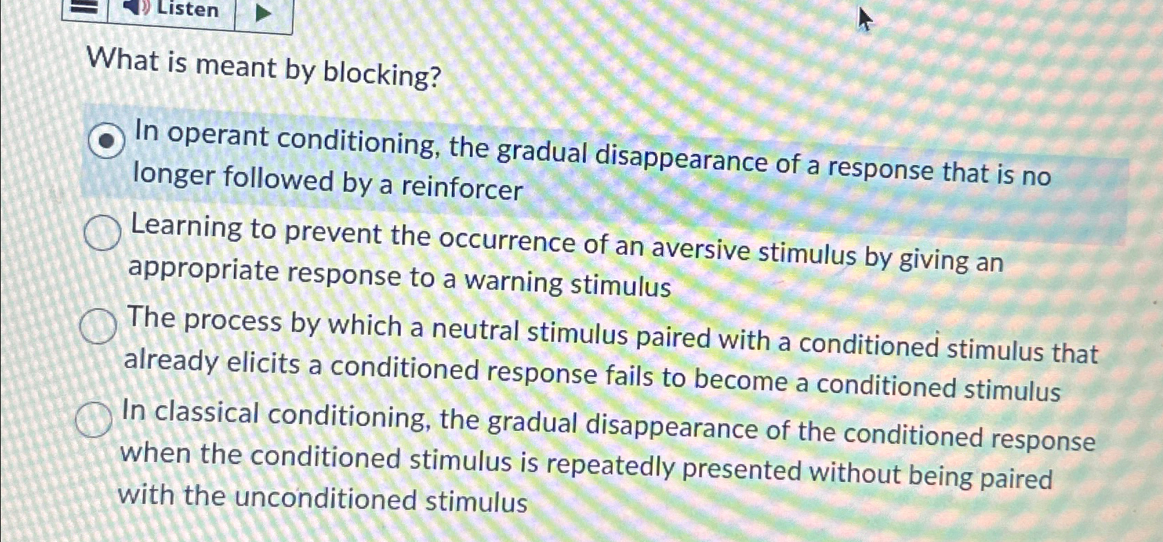Solved What is meant by blocking?In operant conditioning, | Chegg.com