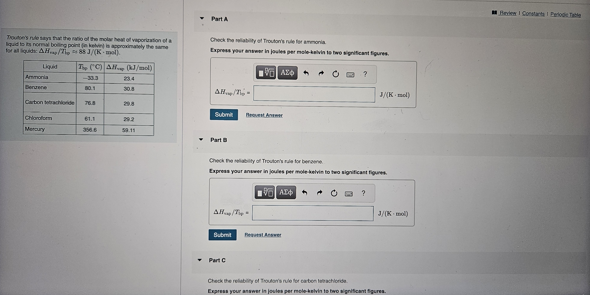 Part AReview I Constants I Periodic TableTrouton's | Chegg.com