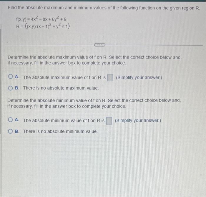 Solved Find the absolute maximum and minimum values of the | Chegg.com
