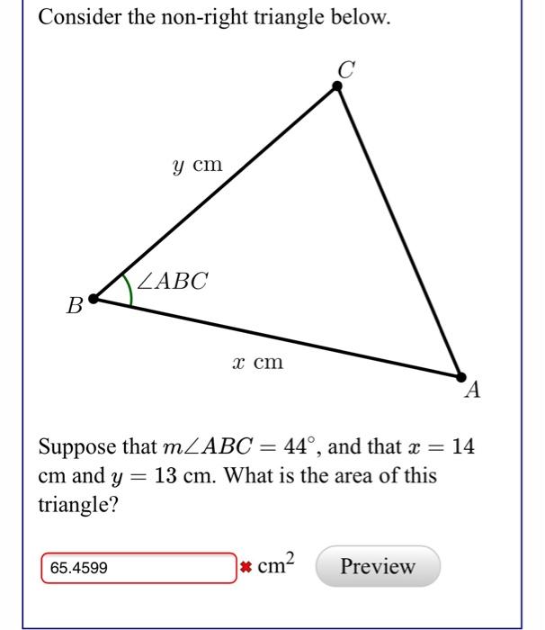 Solved Consider the non-right triangle below. y cm С A ZBAC | Chegg.com