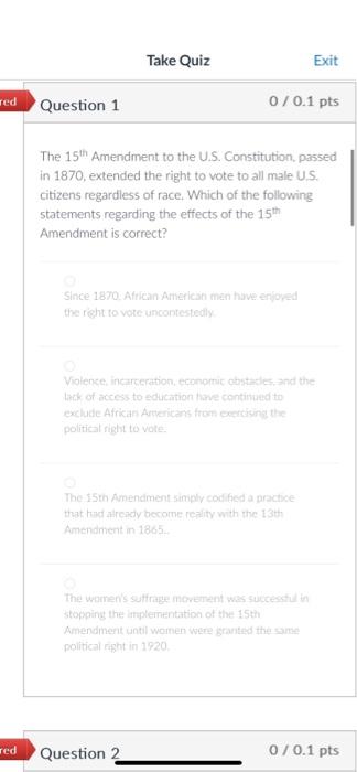 The 15th Amendment to the U.S. Constitution, passed | Chegg.com