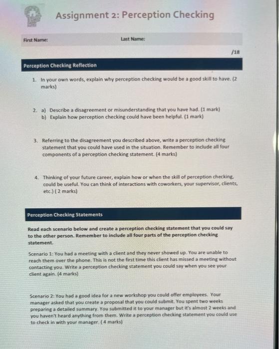Assignment 2: Perception Checking First Name: Last | Chegg.com