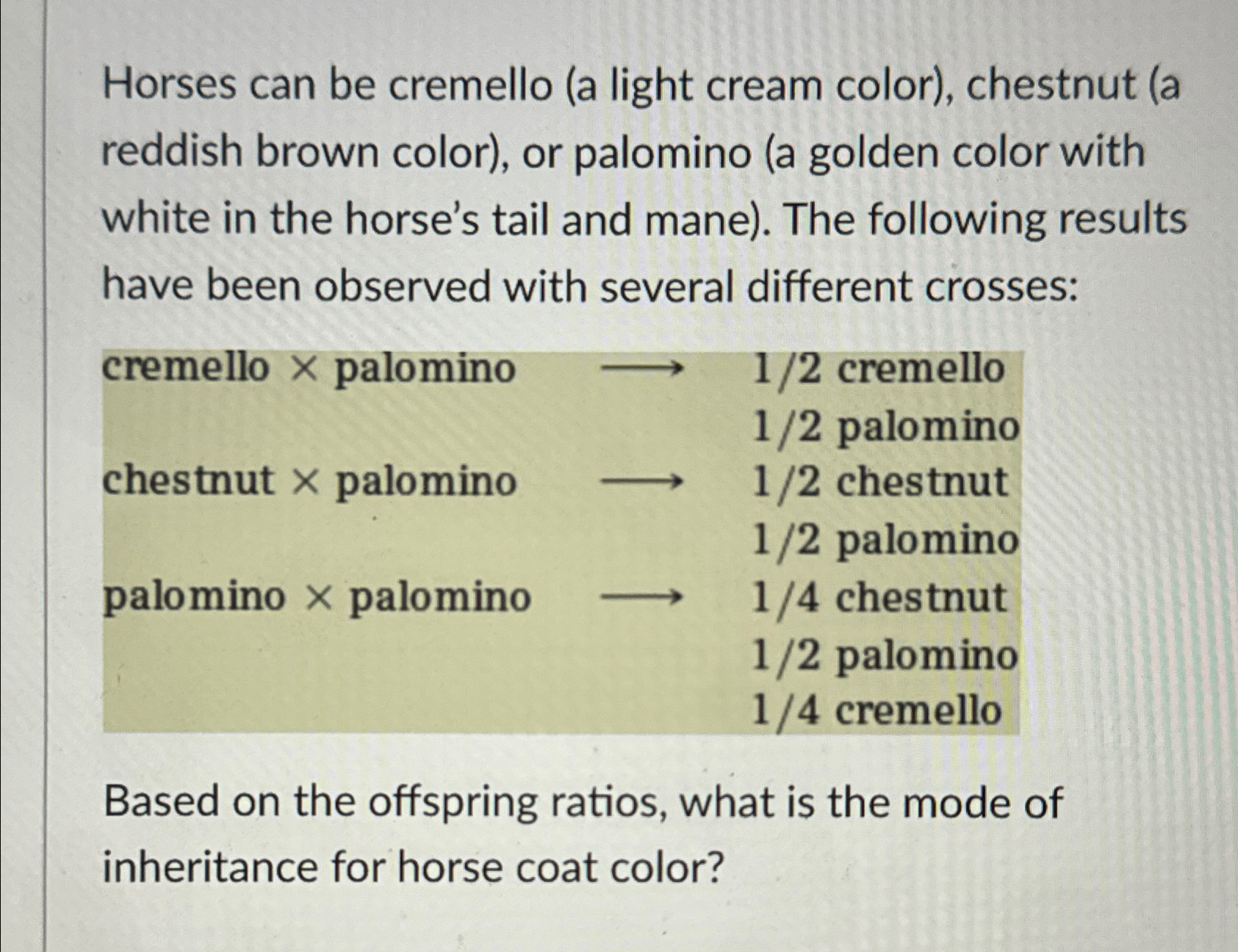 Solved Horses can be cremello (a light cream color), | Chegg.com