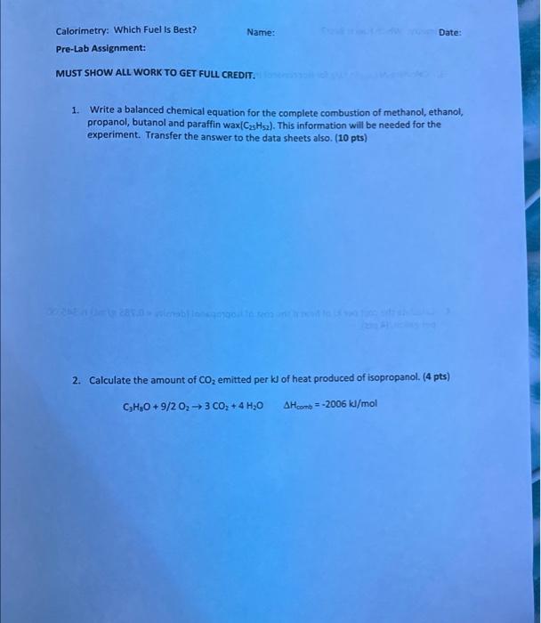 Solved Calorimetry: Which Fuel is Best? Name: Pre-Lab | Chegg.com