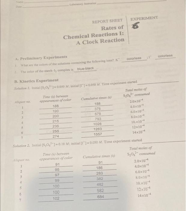 Solved Laborator REPORT SHEET EXPERIMENT Rates of 6 Chemical | Chegg.com