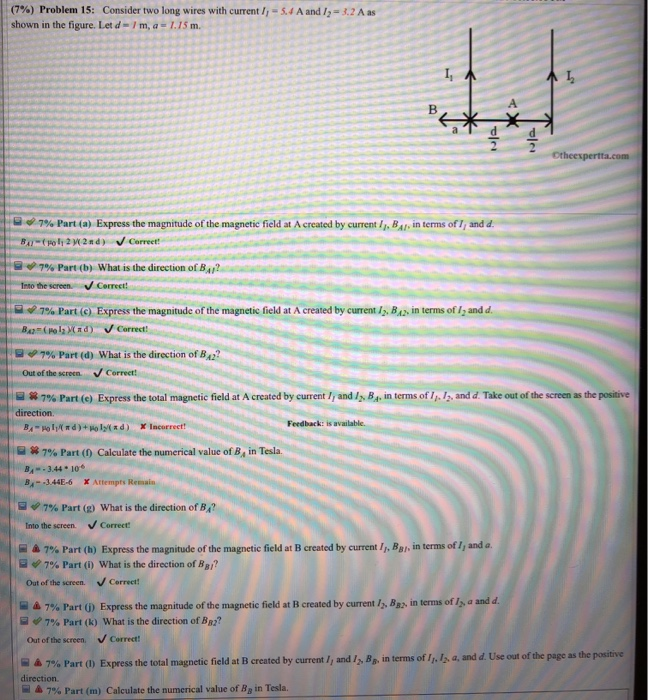 Solved (7%) Problem 15: Consider two long wires with | Chegg.com