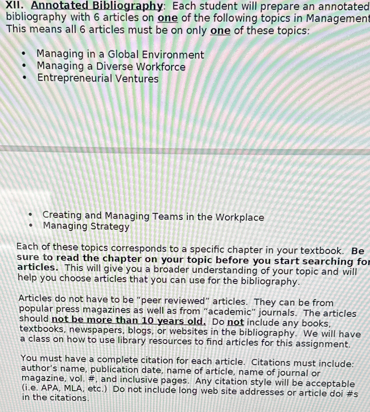 Solved XII. Annotated Bibliography: Each student will | Chegg.com