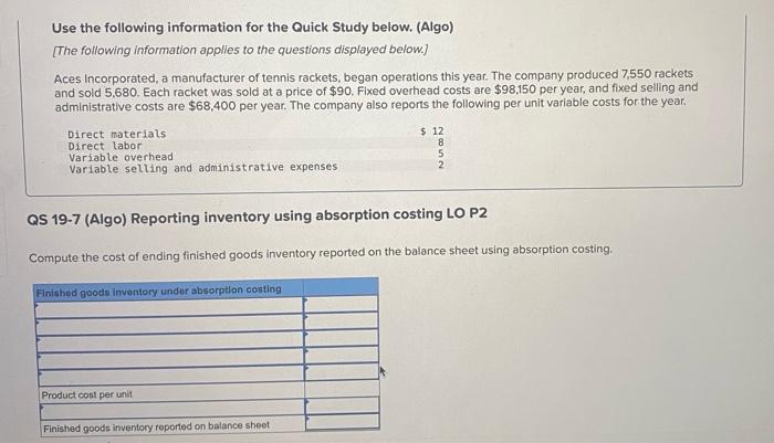 Solved Use the following information for the Quick Study | Chegg.com