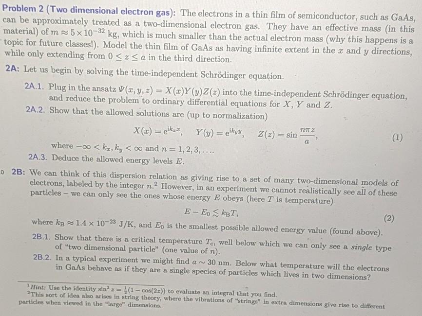 Solved Problem 2 (Two dimensional electron gas): The | Chegg.com
