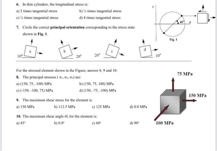 Solved 6. In thin cylinders, the longitudinal stress is: a) | Chegg.com