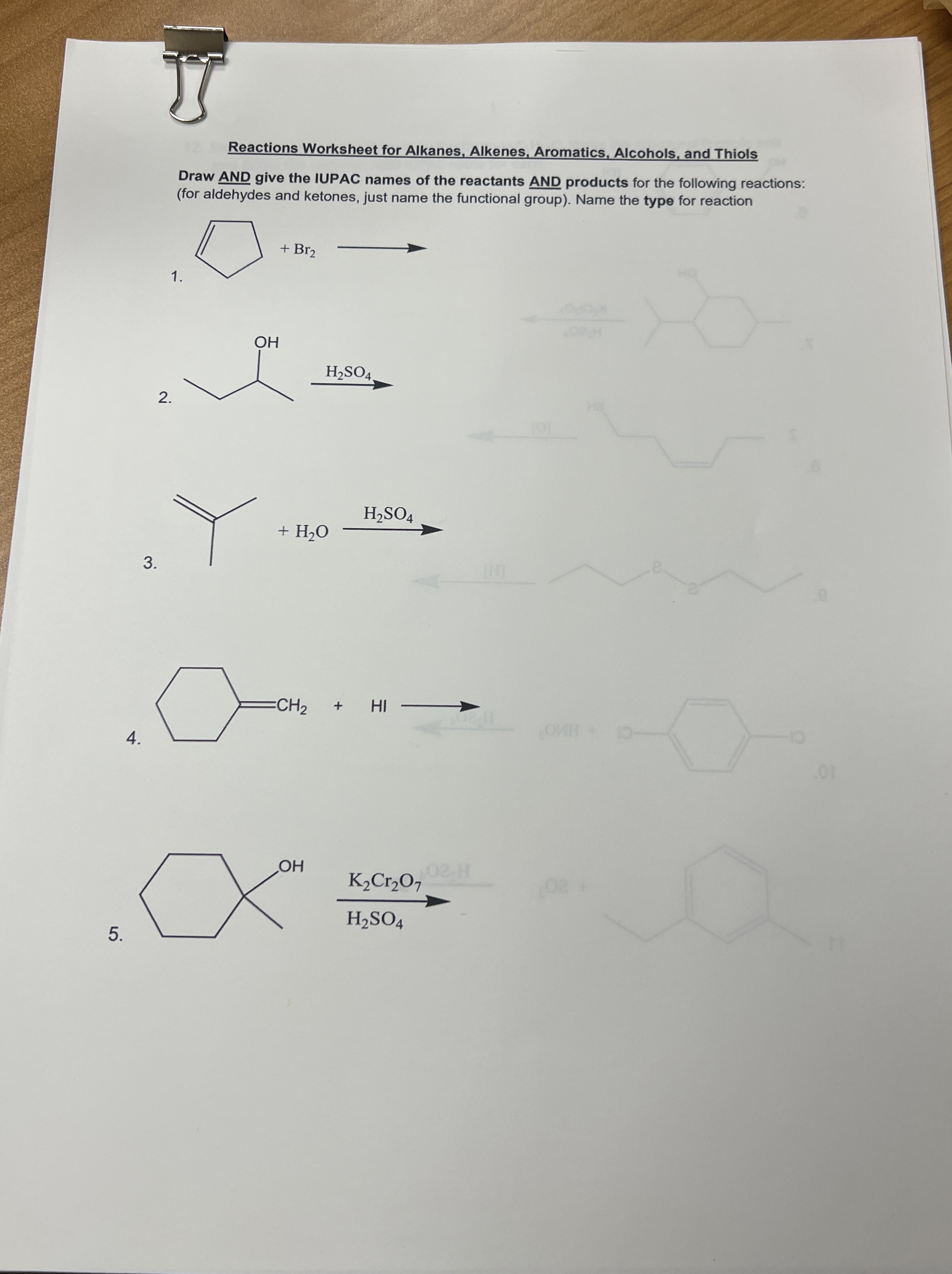 Solved Reactions Worksheet for Alkanes, Alkenes, Aromatics, | Chegg.com