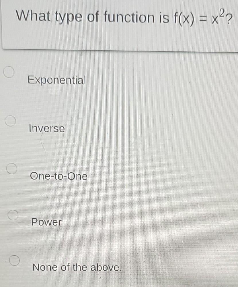 Solved What type of function is f(x) = x²? A)Exponential | Chegg.com