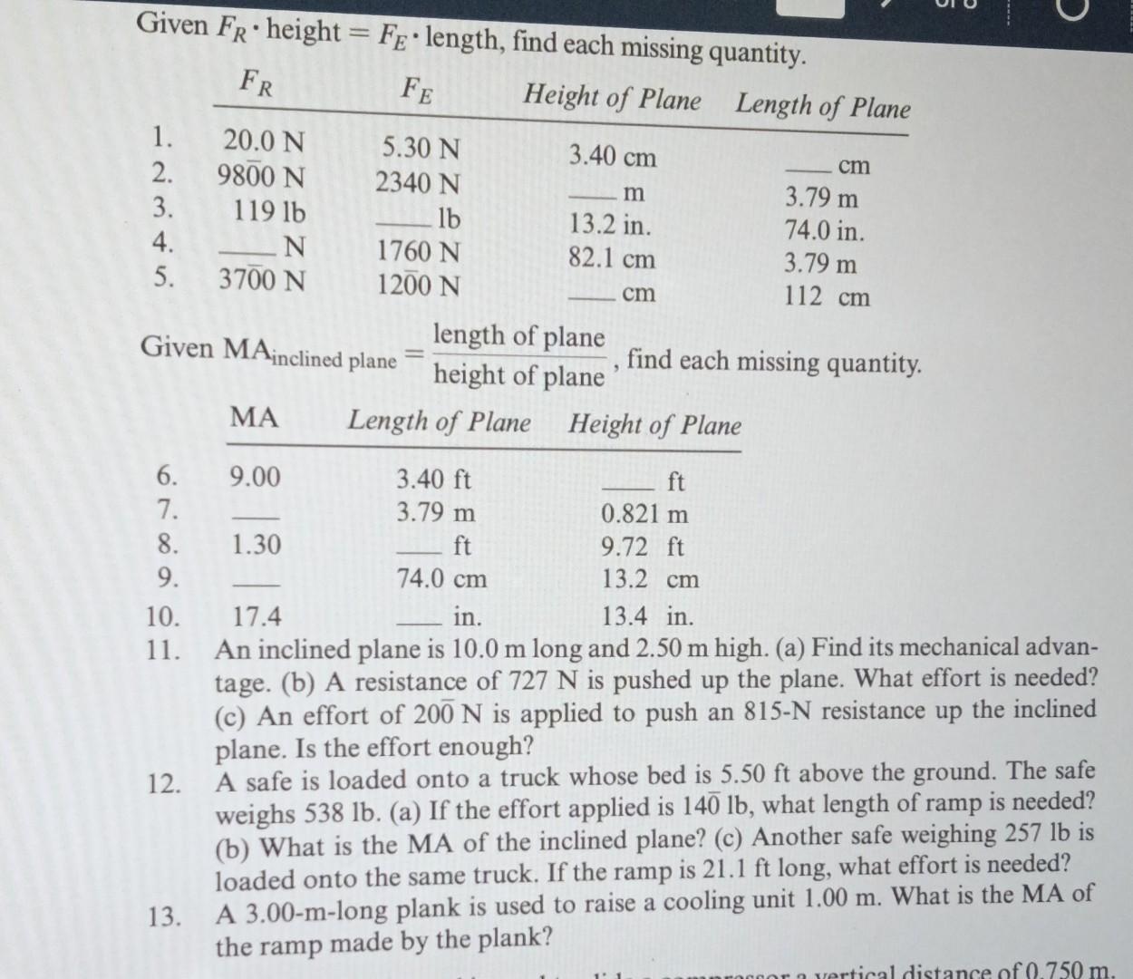 Solved Given FR⋅ height =FE⋅ length, find each missing | Chegg.com