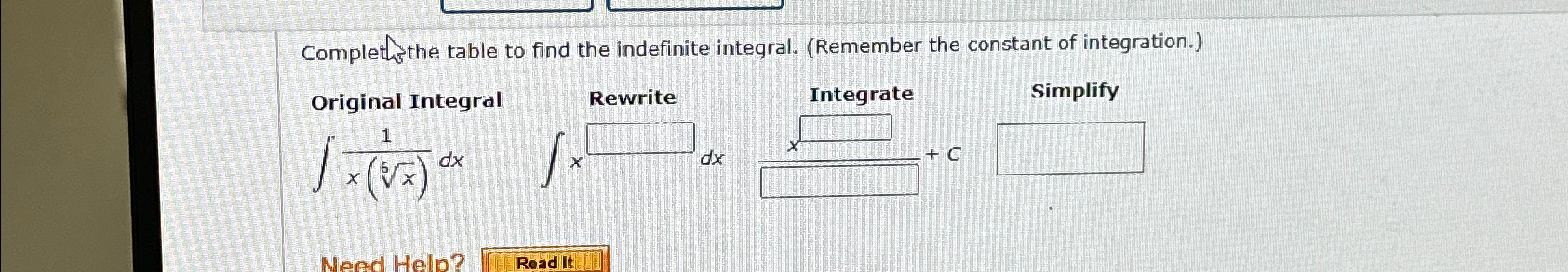 Solved Complethe the table to find the indefinite integral. | Chegg.com