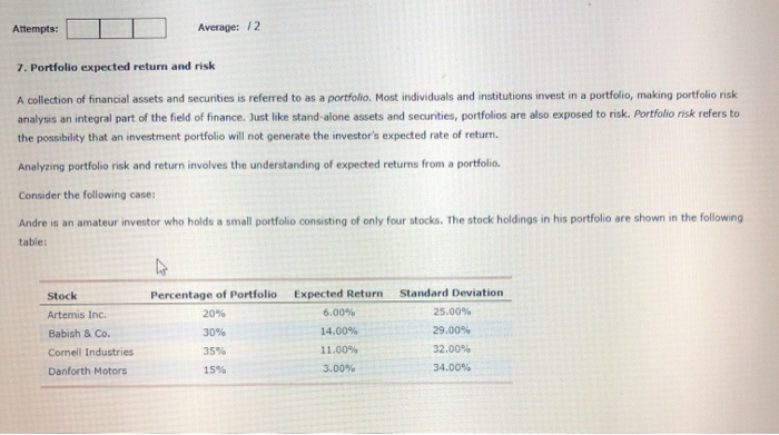 Solved Attempts: Average: 12 7. Portfolio expected return | Chegg.com