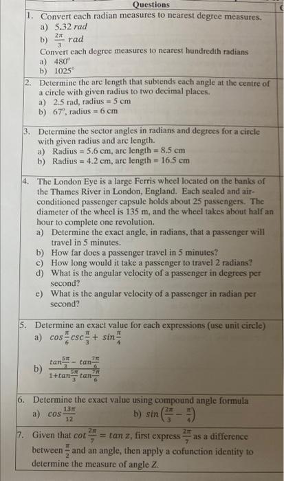 Solved 2 3 Questions 1. Convert each radian measures to | Chegg.com