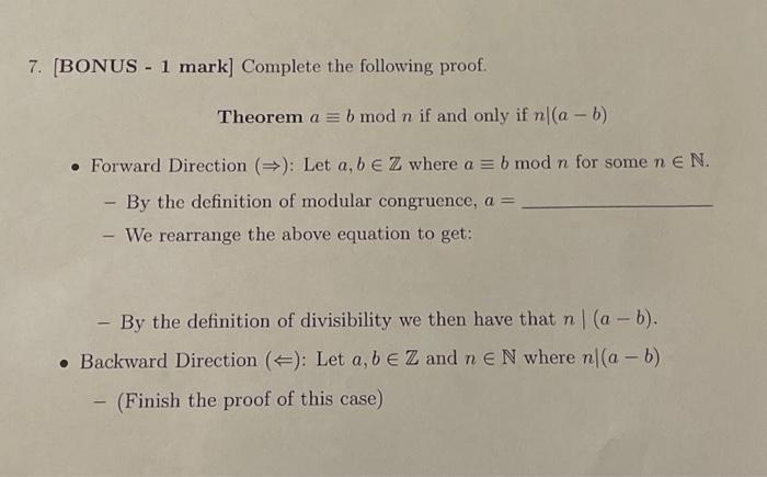 Solved 7. [BONUS - 1 mark] Complete the following proof. | Chegg.com