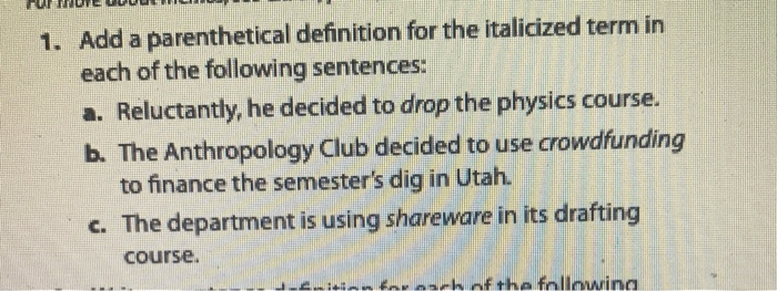 Solved 1. Add a parenthetical definition for the italicized | Chegg.com