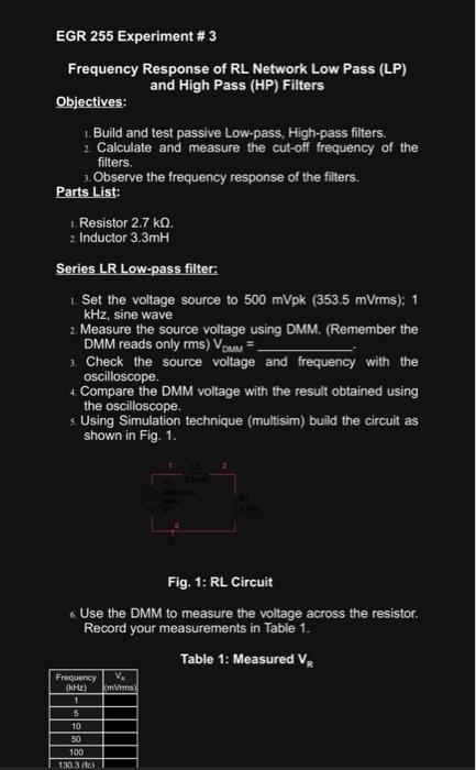 EGR 255 Experiment \# 3 Frequency Response of RL | Chegg.com